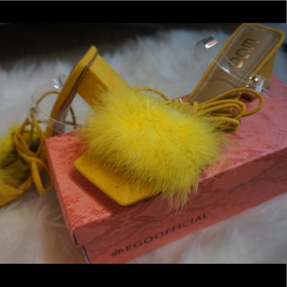 EGO | Shoes | Yellow Square Toe Fluffy Block Heel Sandals | Poshmark
